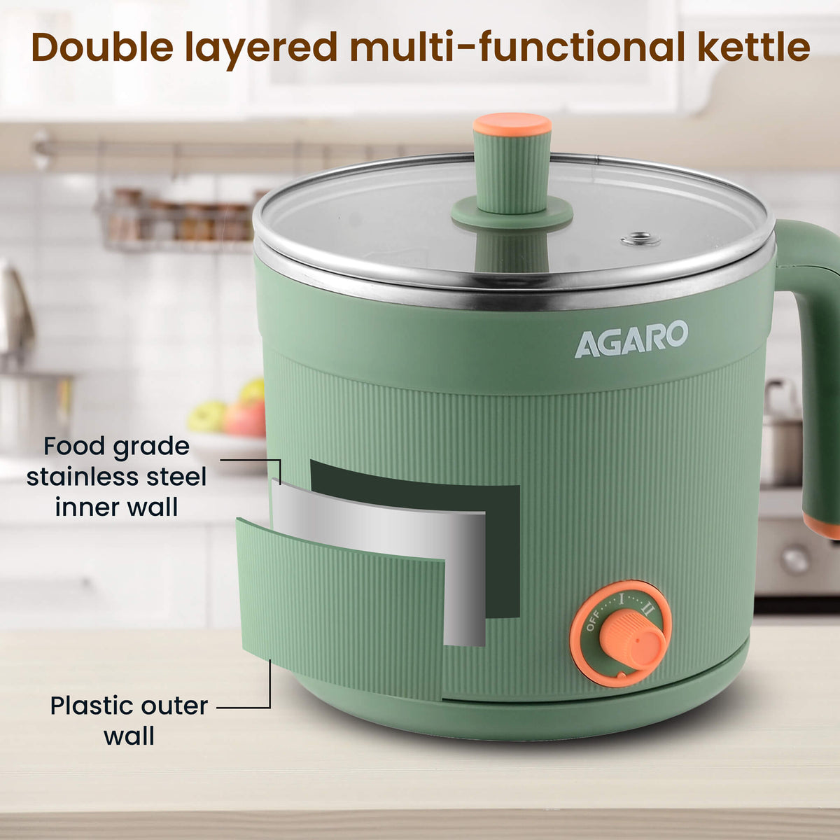 Regency Multi Cook Kettle With Steamer, 1.2L (Sea Green) | AGARO – Agaro Regency Multi Cook Kettle With Steamer, 1.2L (Sea Green) | AGARO – Agaro