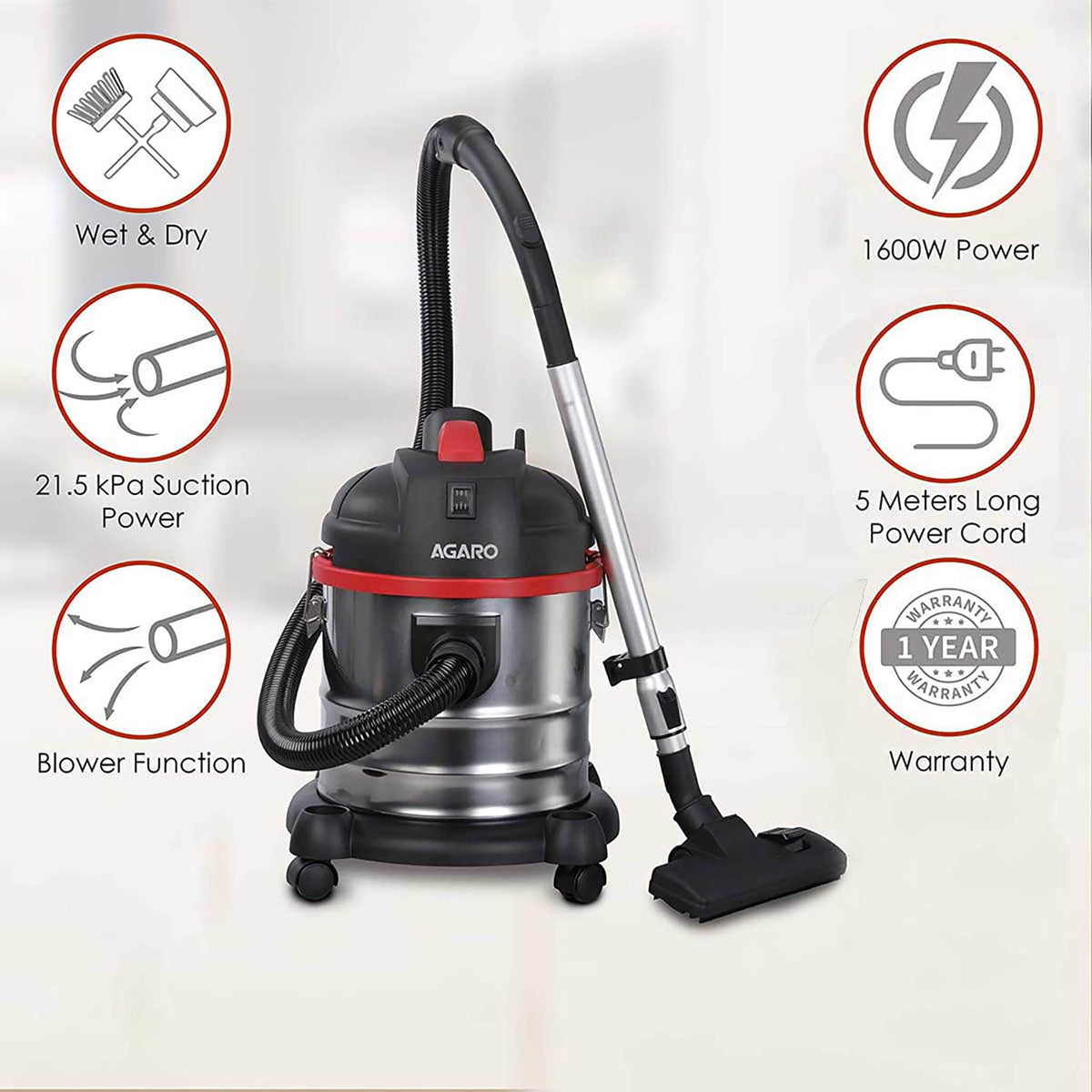 AGARO ACE 1600W Wet & Dry Vacuum Cleaner | Powerful & Versatile Cleaning Solution – Agaro