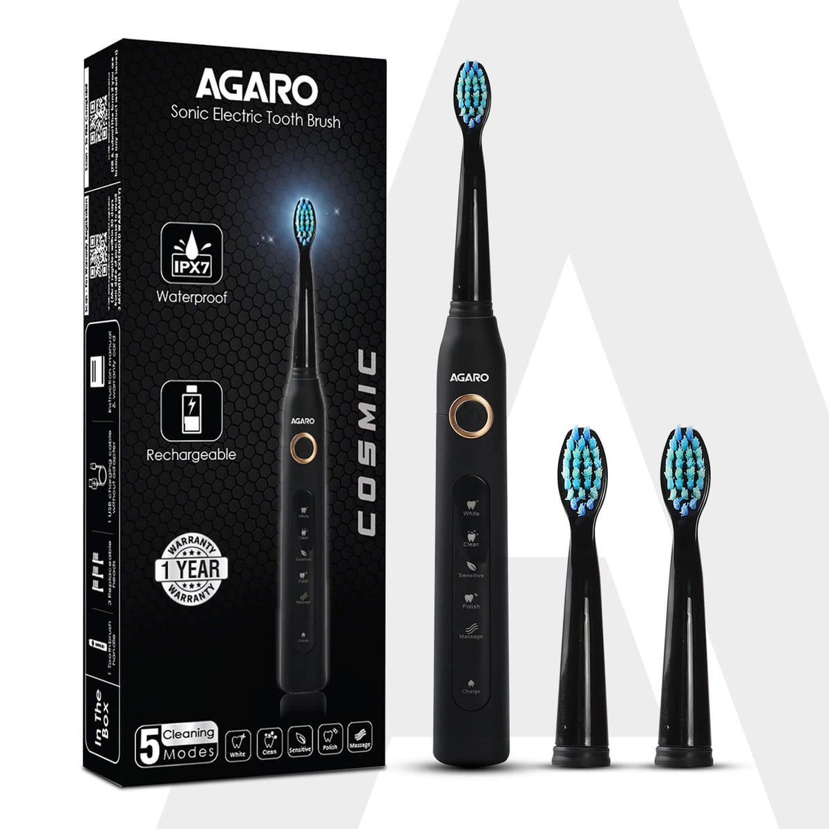 AGARO COSMIC Sonic Electric Toothbrush for Adults with 5 Modes, 3 Brush ...