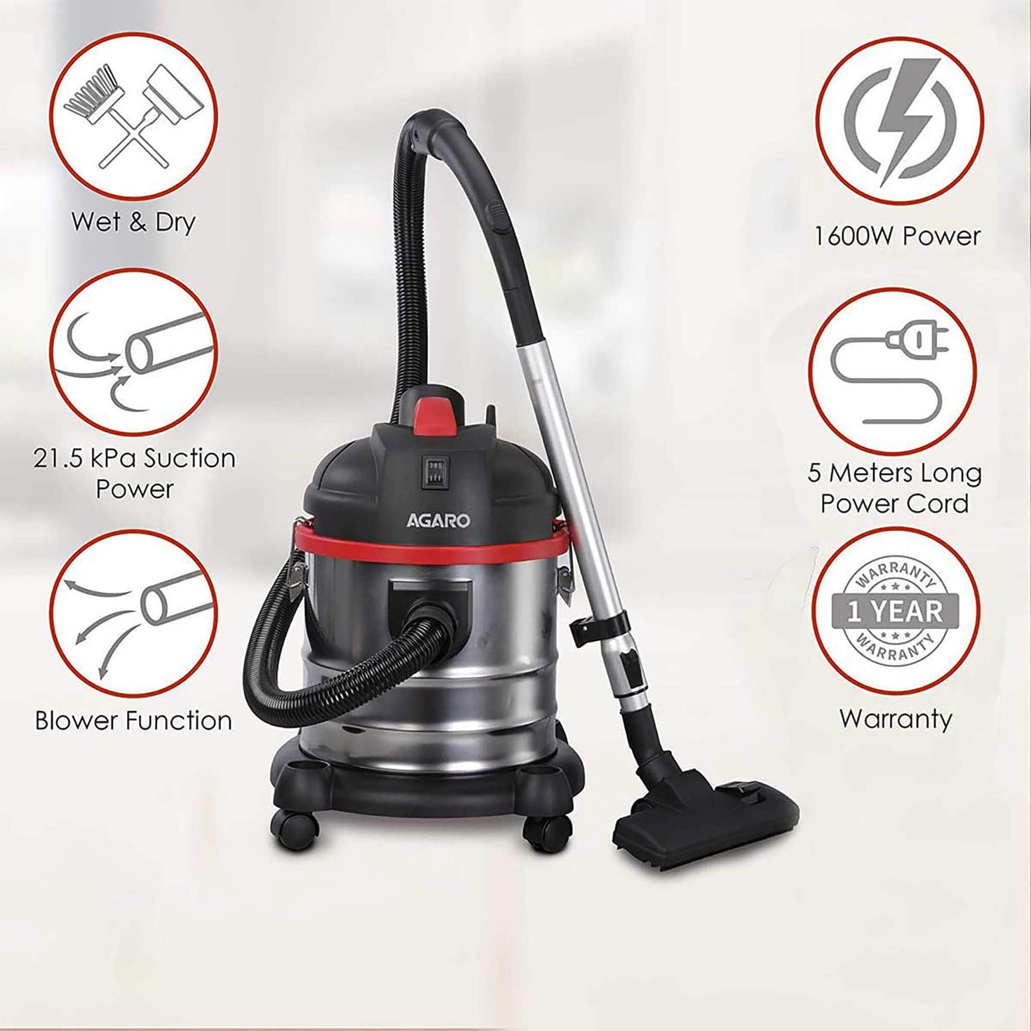AGARO ACE 1600W Wet & Dry Vacuum Cleaner | Powerful & Versatile ...