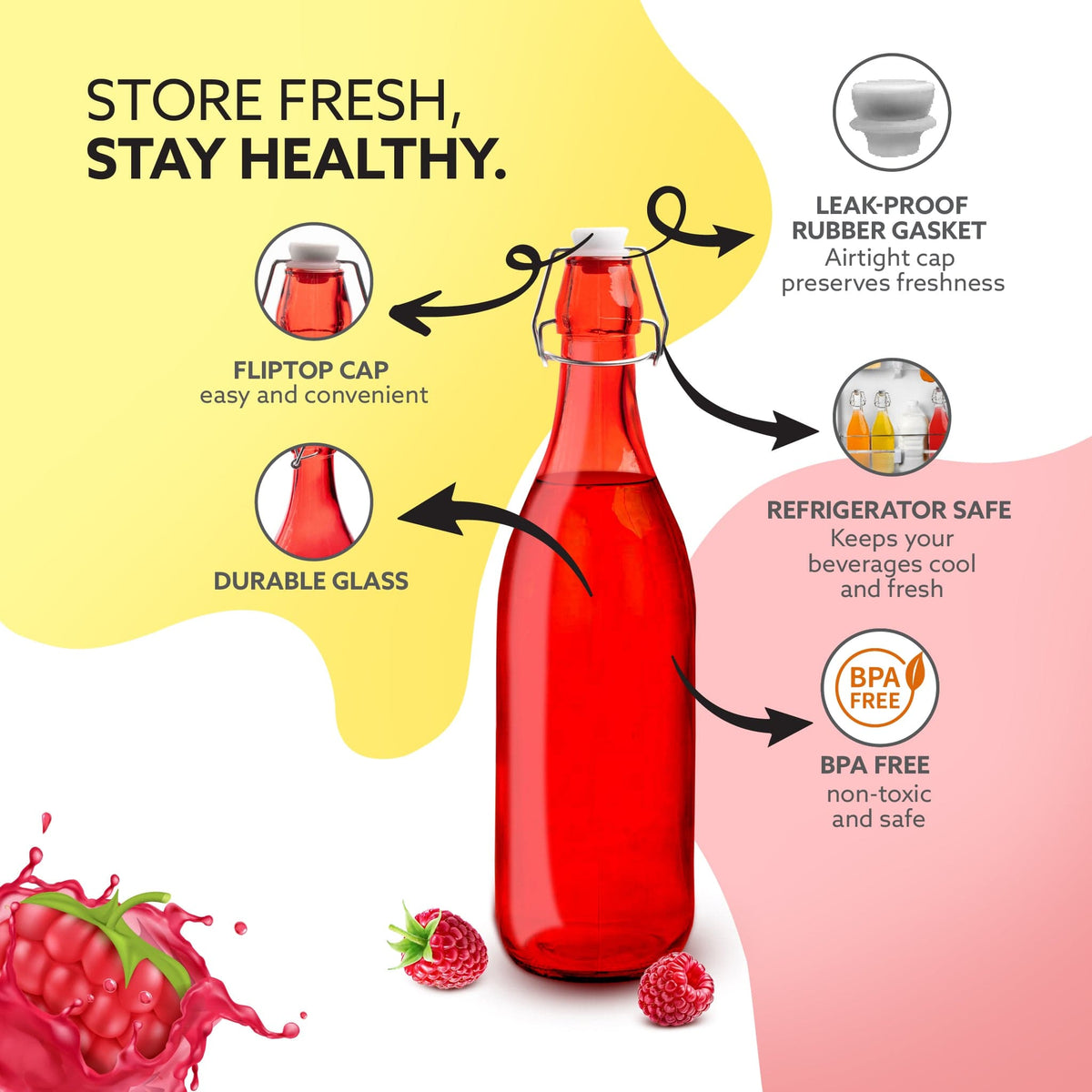 Elegant Flip Top Glass Bottle 1L Red, 1000ml, Freezer Safe & Leakproof – Agaro
