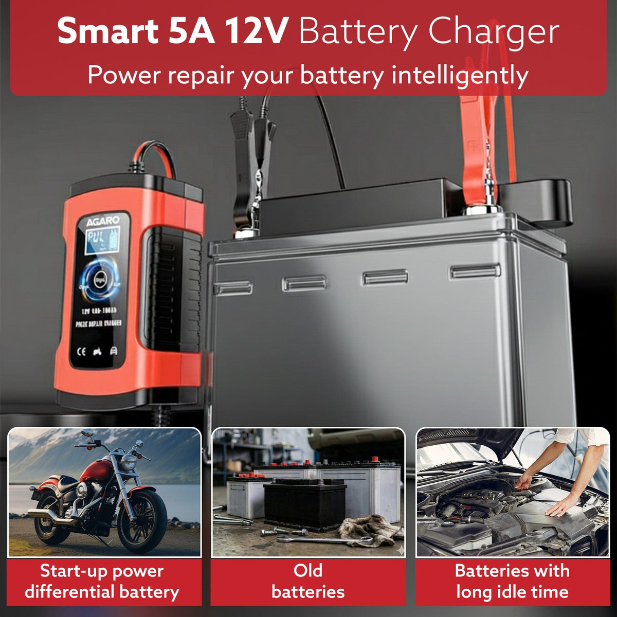 Car Battery Charger, 12V, 5A, Fully Automatic, Smart Car & Bike – Agaro