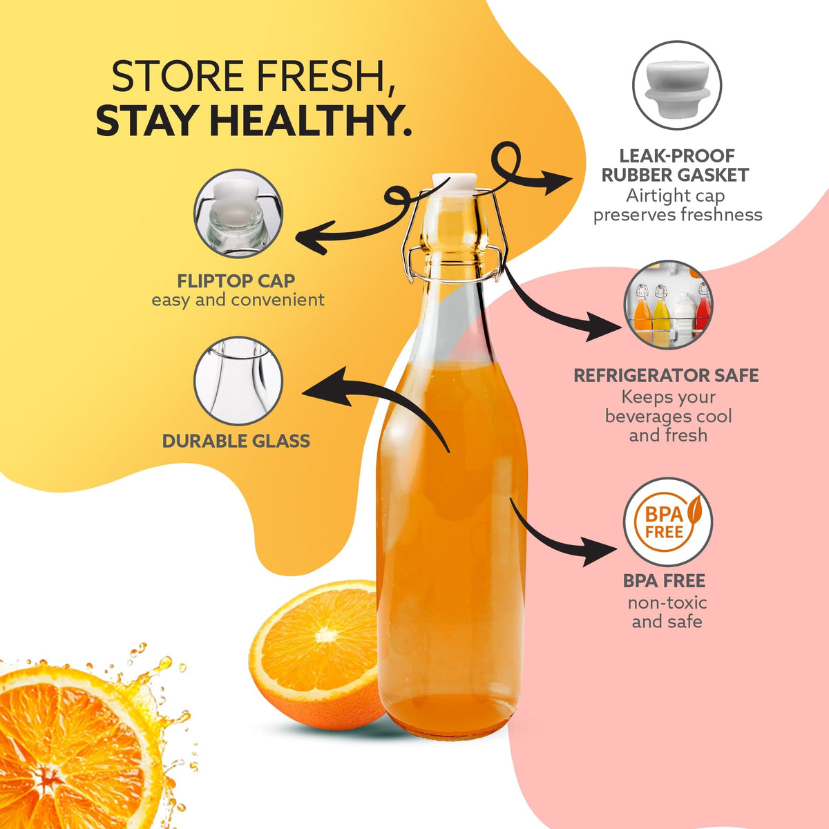 Elegant Flip Top Glass Bottle 1L Transparent, 1000ml, Freezer Safe & L ...