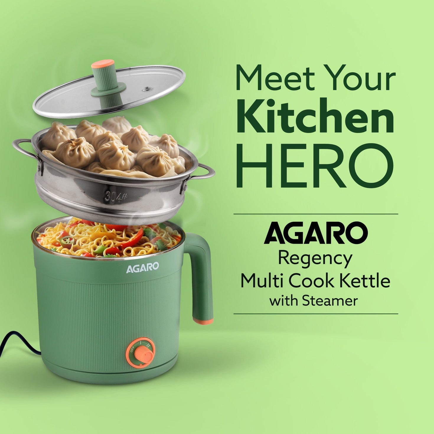 Regency Multi Cook Kettle With Steamer, 1.2L (Sea Green) | AGARO – Agaro
