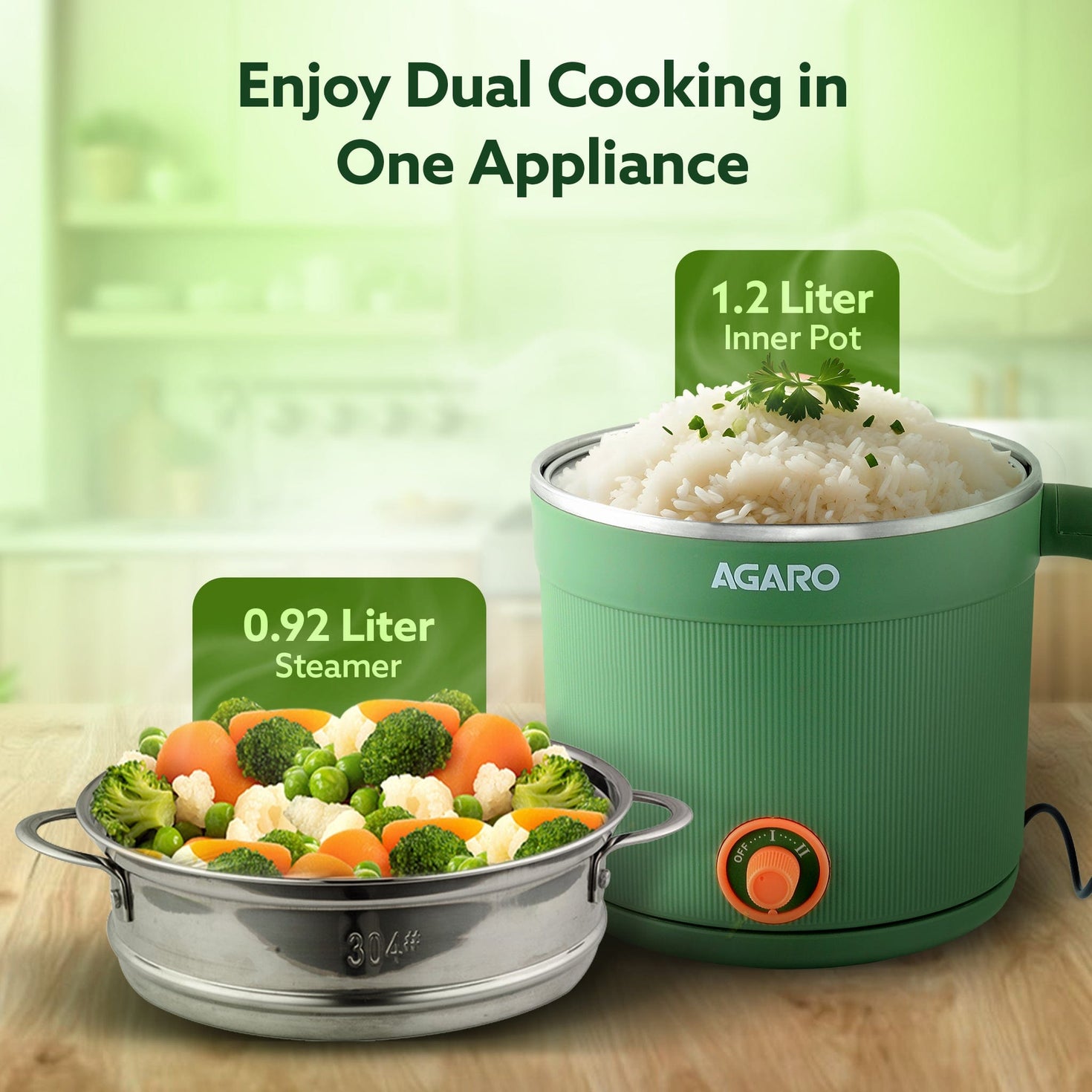 Regency Multi Cook Kettle With Steamer, 1.2L (Sea Green) | AGARO – Agaro