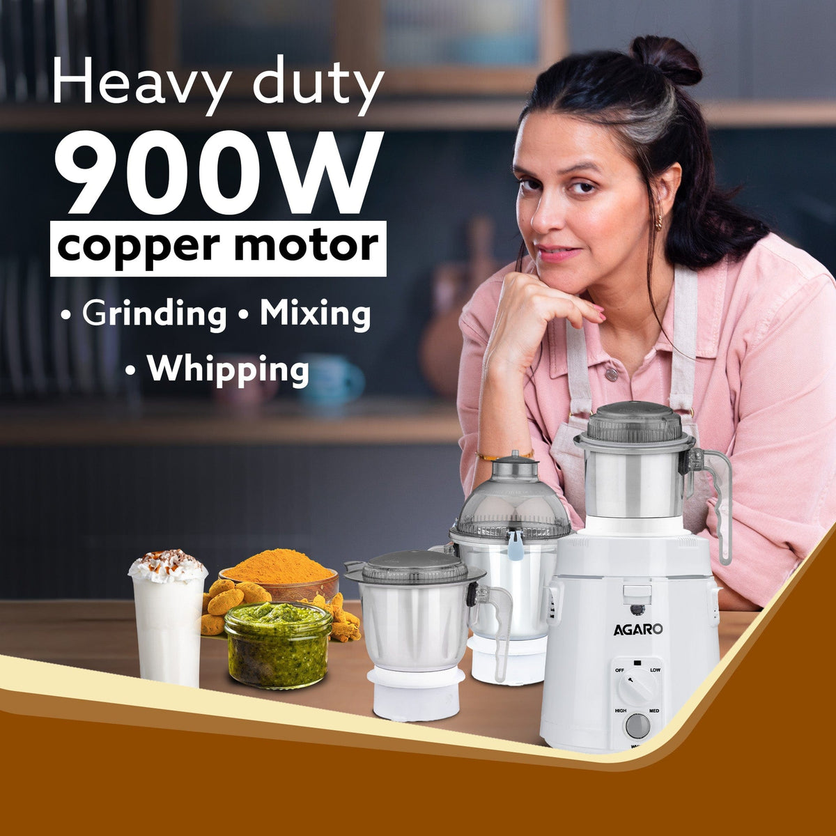 AGARO Royal Mixer Grinder 900W, Heavy Duty, 100% Pure Copper Motor – Agaro