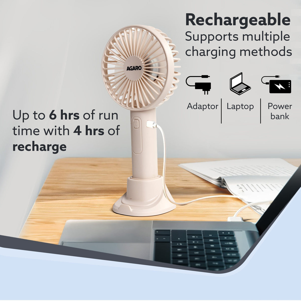 AGARO Elite Mini Fan, 4 inches, Rechargeable Lithium-Ion