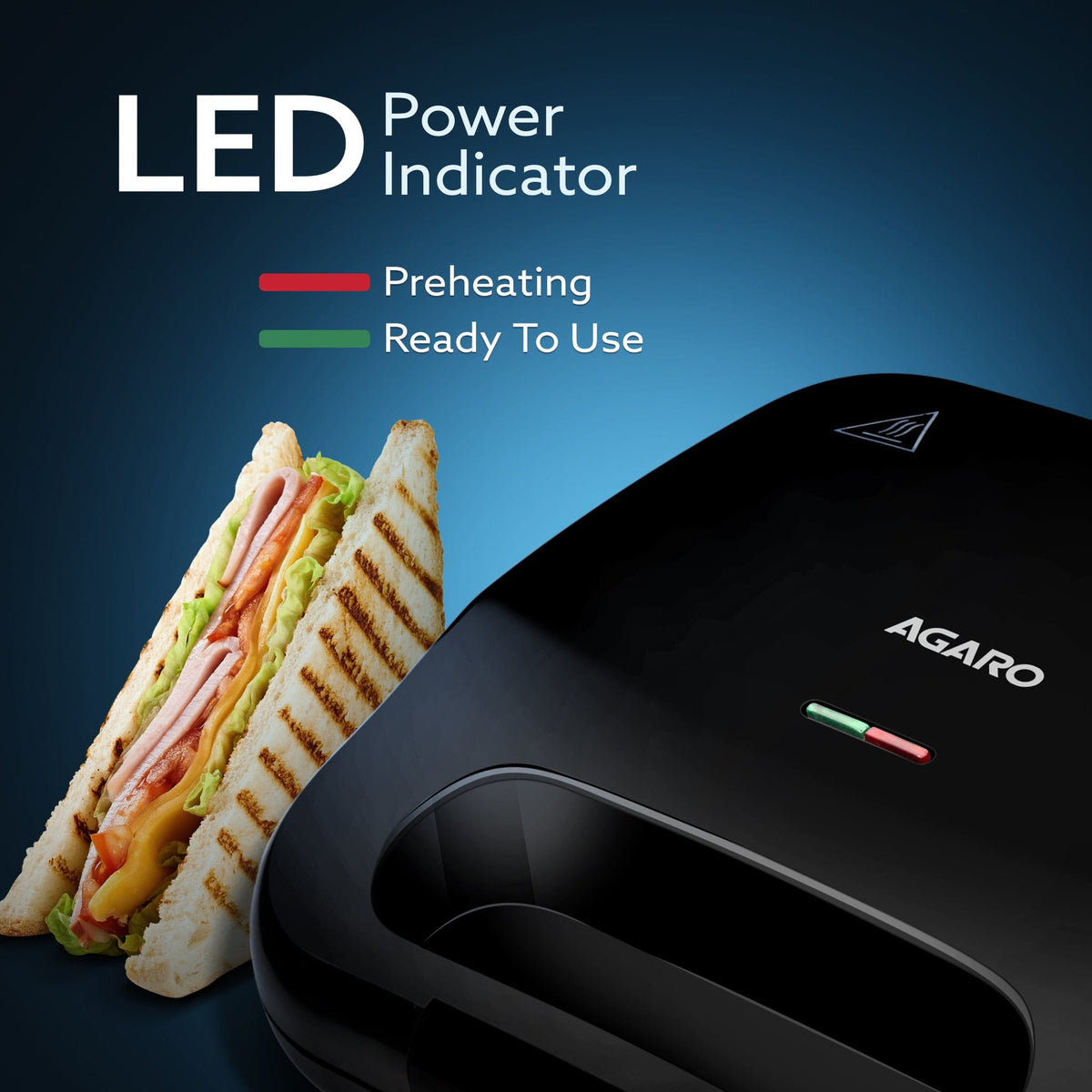 AGARO Primo Sandwich Maker, Non Stick Coated Grill Plates, 750W