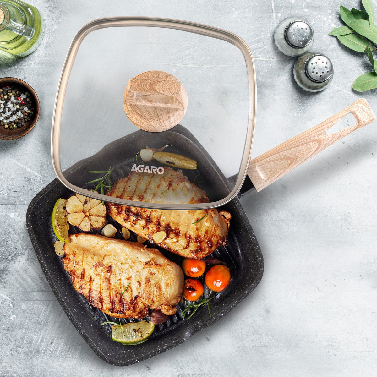 Imperial Granite Non Stick Grill pan with Glass Lid, 1.8L/ 24cm – Agaro