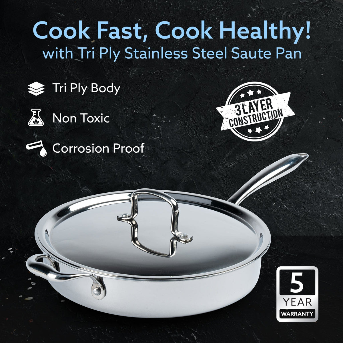 Regency Triply Saute Pan 2.5L with Lid, 26 cm, Rivetted & Stay Cool – Agaro