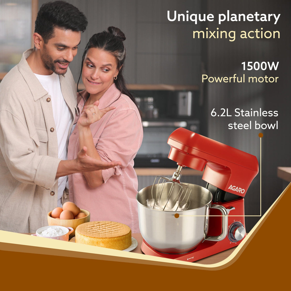 AGARO Supreme Stand Mixer 1500W with 6.2L SS Bowl, 6 Speed Setting,Red ...